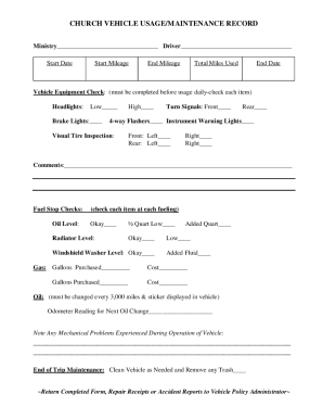 Fillable Online CHURCH VEHICLE USAGE/MAINTENANCE RECORD Fax Email Print ...