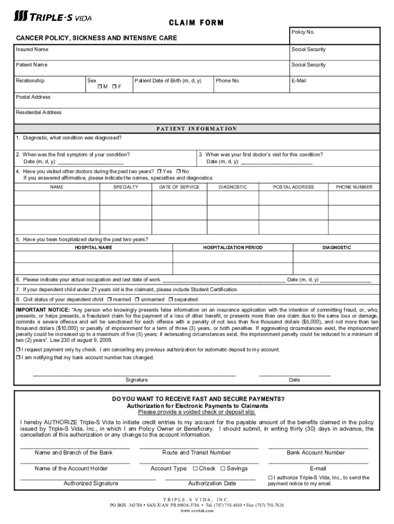 Fillable Online claim form - Triple-S Vida Fax Email Print - pdfFiller