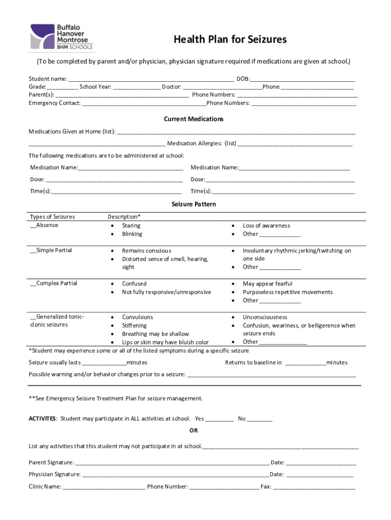 Fillable Online Health and Emergency Plan for Seizures Fax Email Print ...