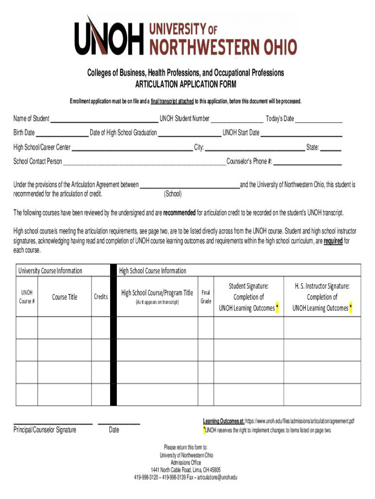 Fillable Online articulation application form - UNOH Fax Email Print - pdfFiller