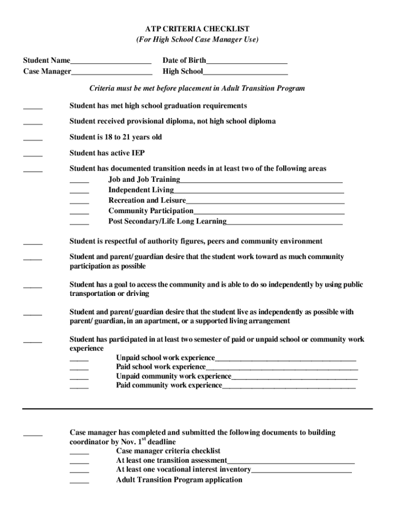 Fillable Online ATP CRITERIA CHECKLIST (For High School Case Manager ...