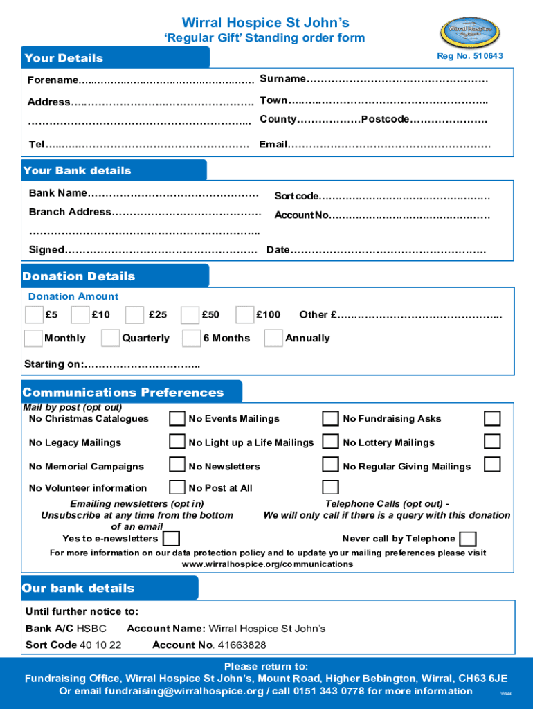 Fillable Online Wirral Hospice St John's - 'Regular Gift' Standing order form Fax Email Print ...