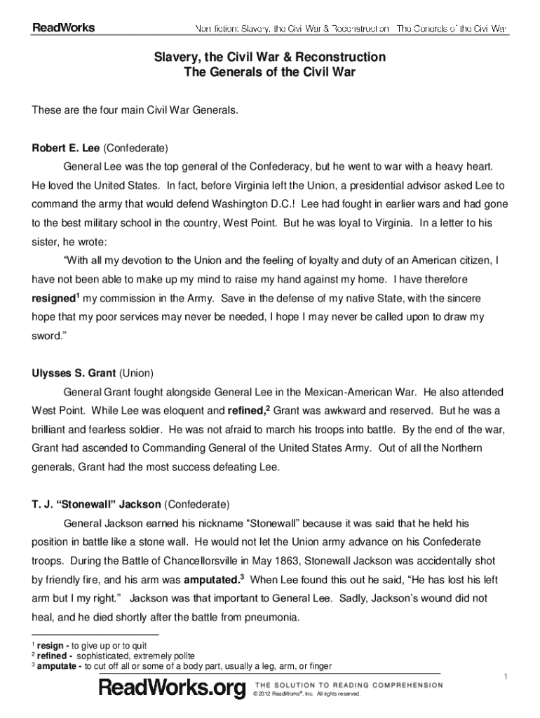 Fillable Online Slavery, the Civil War & Reconstruction The Generals of ...