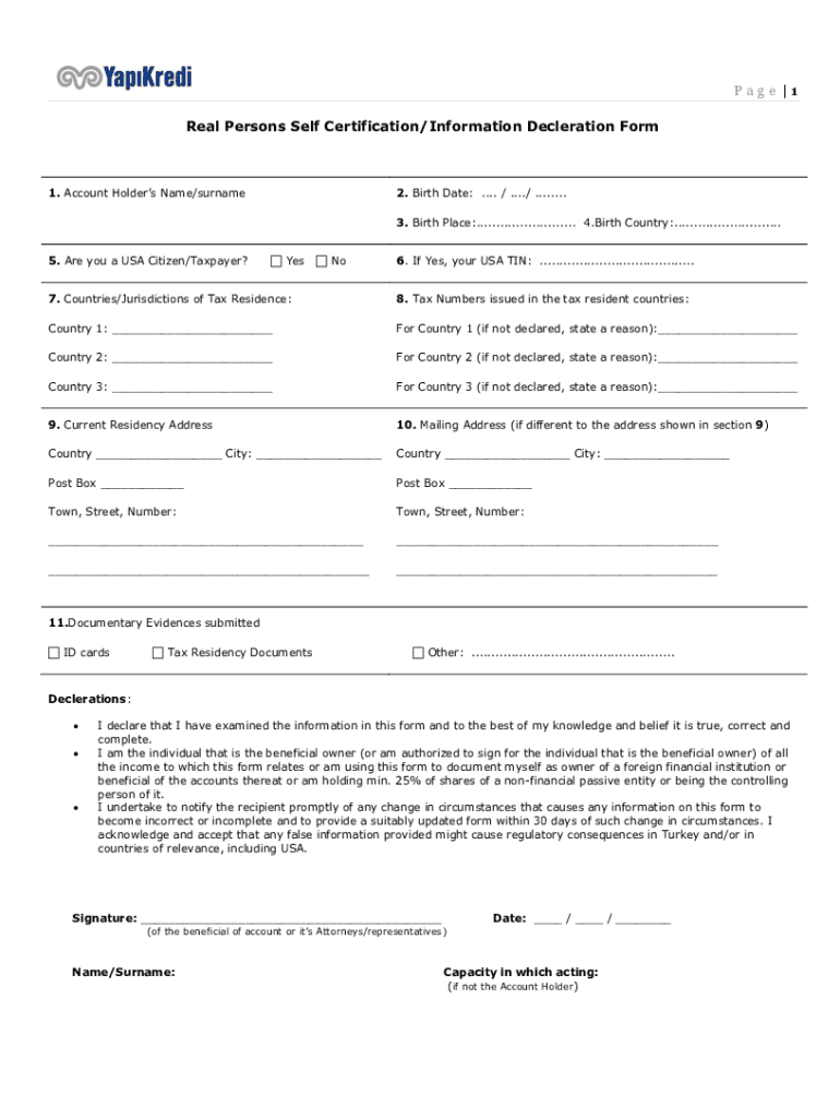 Fillable Online Page 1 Real Persons Self Certification/Information ...