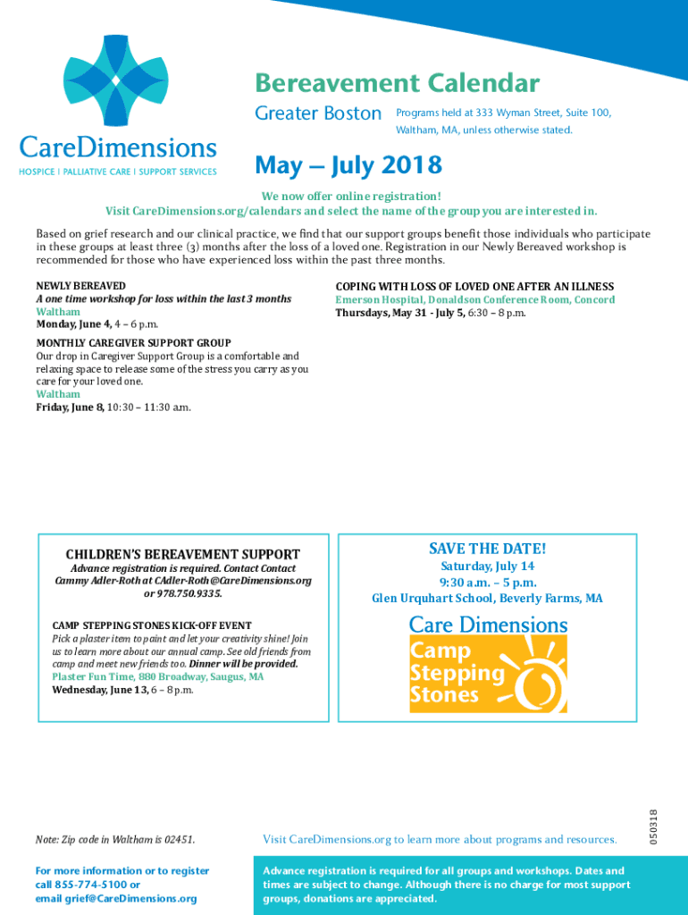 Fillable Online Bereavement Calendar - Care Dimensions Fax Email Print ...