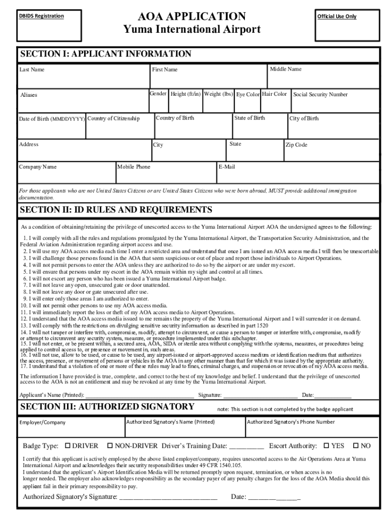 Fillable Online unescorted aoa access application - Yuma International ...