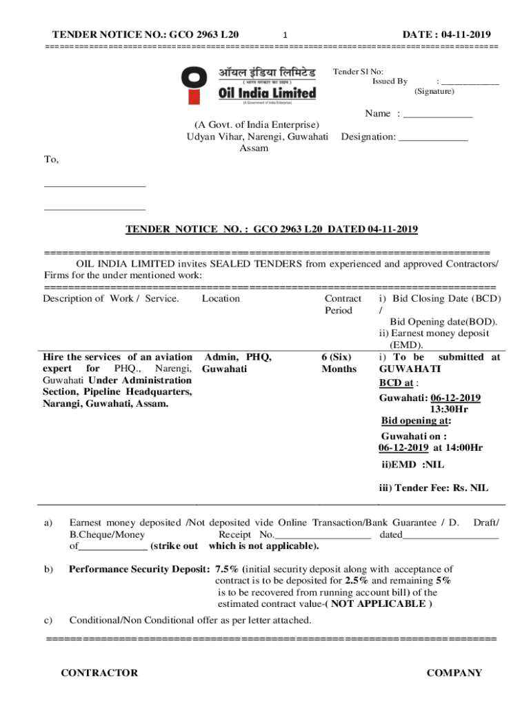 Fillable Online TENDER NOTICE NO.: GCO 2963 L20 DATE - Oil India ...