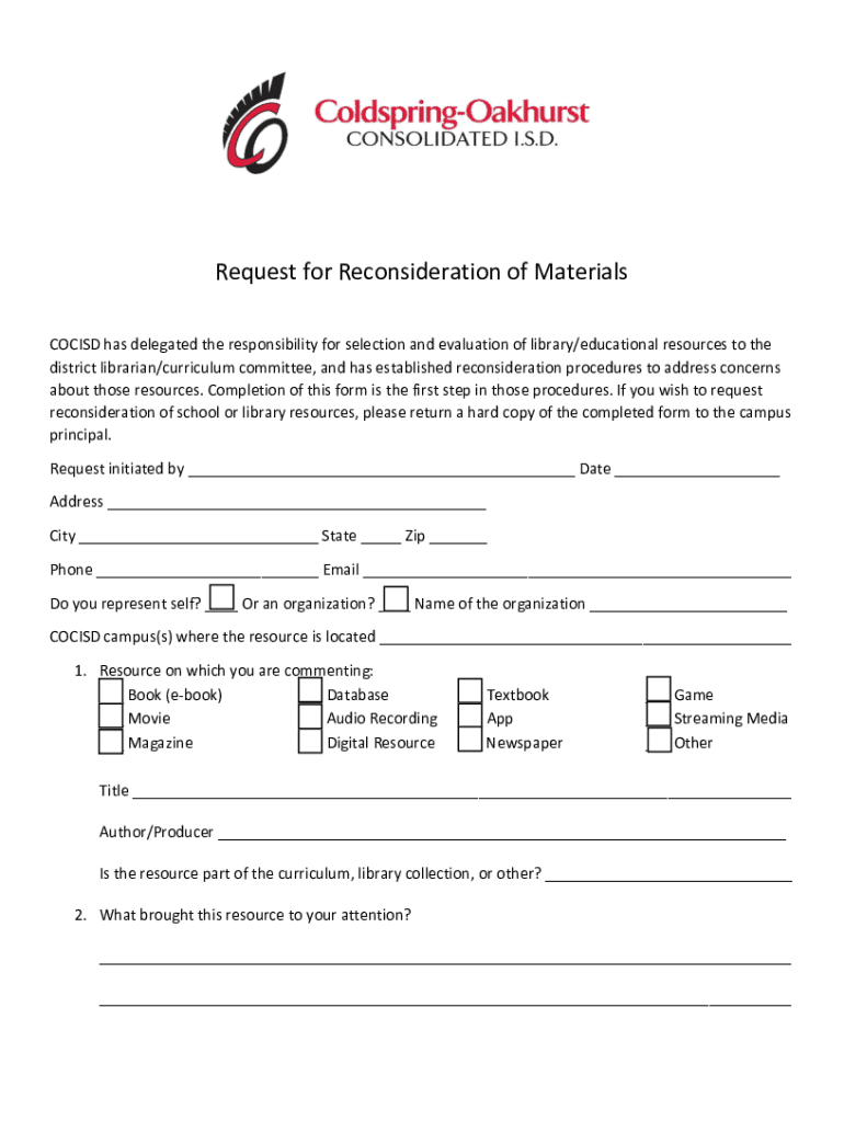 Fillable Online Request for Reconsideration of Materials Fax Email Print - pdfFiller