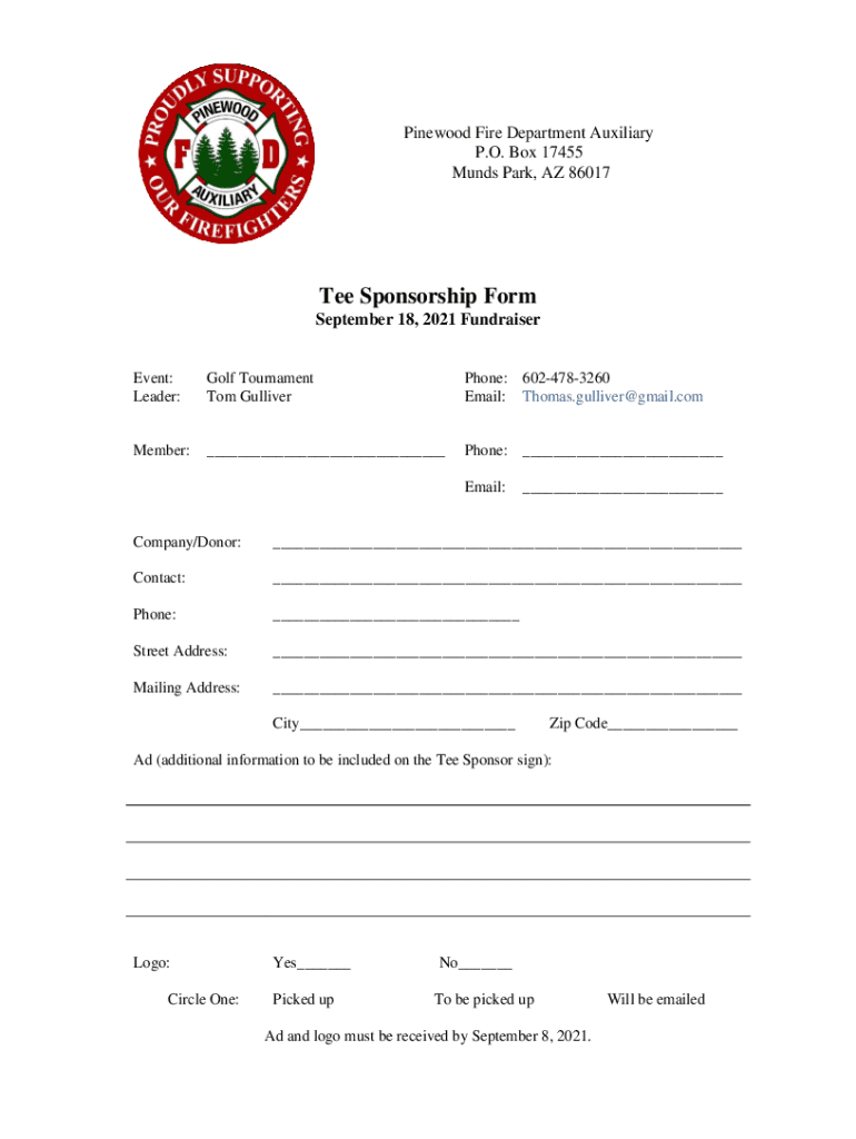 Fillable Online Tee Sponsorship Form - Pinewood Fire Department Fax ...
