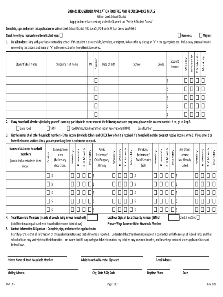 Fillable Online 202021 HOUSEHOLD APPLICATION FOR FREE AND REDUCED ...