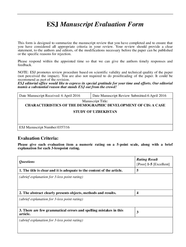 Fillable Online ESJ Manuscript Evaluation Form - european scientific journal Fax Email Print ...