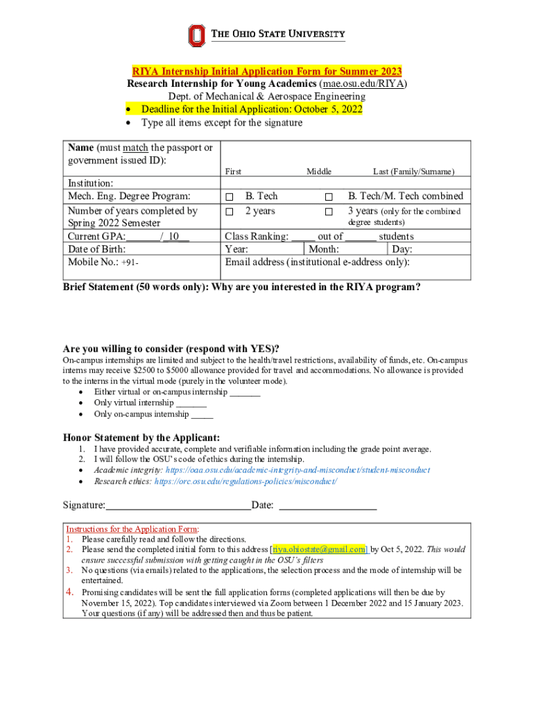 Fillable Online RIYA Internship Initial Application Form for Summer 2023 Research ... Fax Email ...