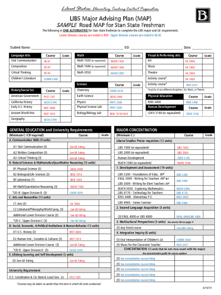 Fillable Online Sample Road Map for CSU Stanislaus Freshman Liberal ...