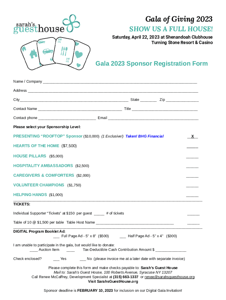 Fillable Online 2023 Gala Sponsor Registration Form - Sarah's Guest ...