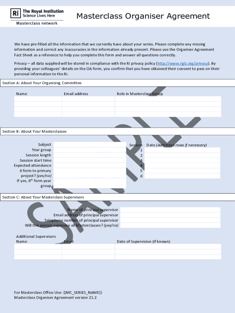Fillable Online Masterclass Organiser Agreement Fax Email Print - pdfFiller