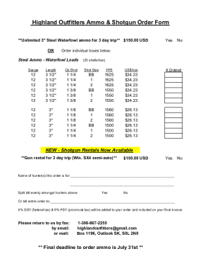 Fillable Online Ammo order form template - Highland Outfitters Fax ...