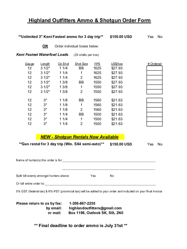 Fillable Online Highland Outfitters Ammo & Shotgun Order Form Fax Email ...
