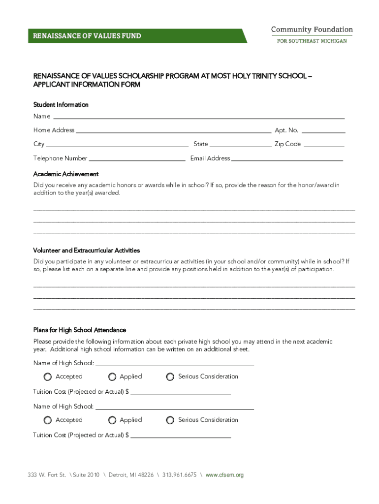 Fillable Online renaissance of values scholarship program at most holy trinity ... Fax Email ...