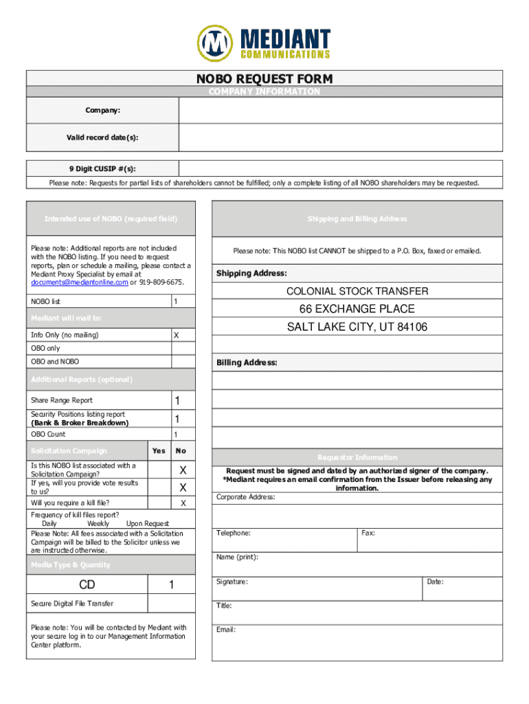 Fillable Online Non-Objecting Beneficial Owner (NOBO) Request Form Fax ...