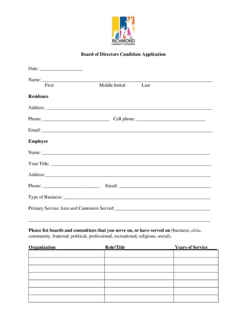 Fillable Online Board of Directors Candidate Application Date Fax Email ...