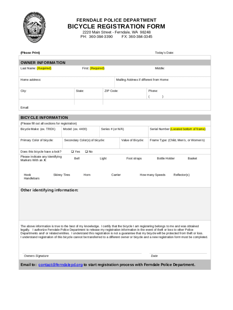 Bike Registration . Ferndale Police Department Doc Template | pdfFiller