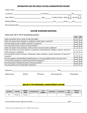 Fillable Online INFORMATION AND INFLUENZA VACCINE ADMINISTRATION RECORD ...