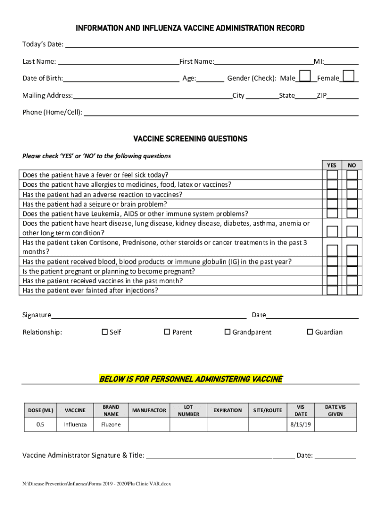 Fillable Online INFORMATION AND INFLUENZA VACCINE ADMINISTRATION RECORD ...