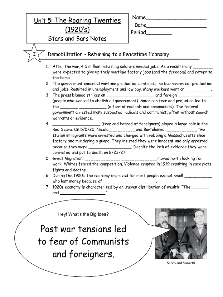 Fillable Online Unit 5 Class Notes- The Roaring '20s, Great Depression ...