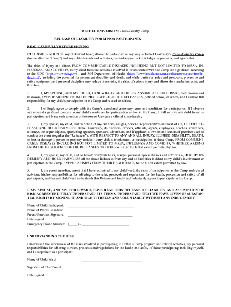Fillable Online Bethel Church Agreement & Release Form Elevate Youth ...