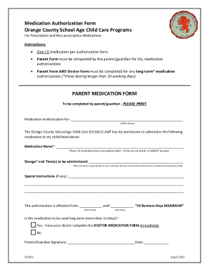 Fillable Online Medication Authorization Form Orange County School Age ...