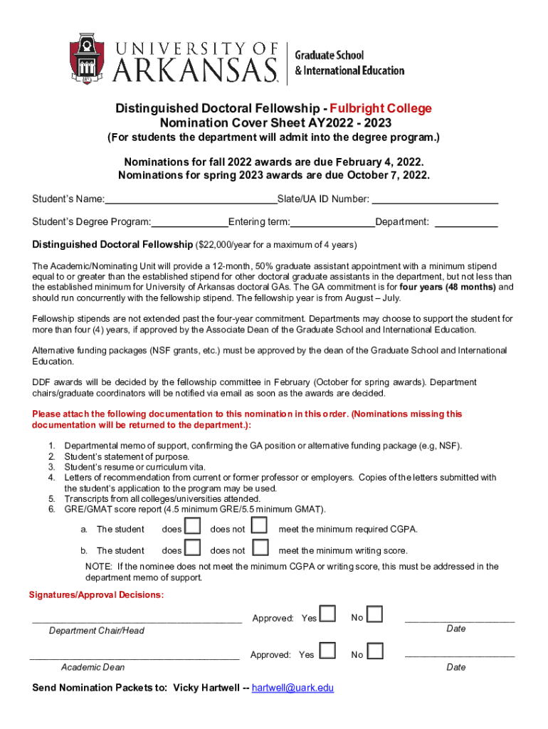 Fillable Online graduate-and-international uark Distinguished Doctoral Fellowship Cover Sheet ...