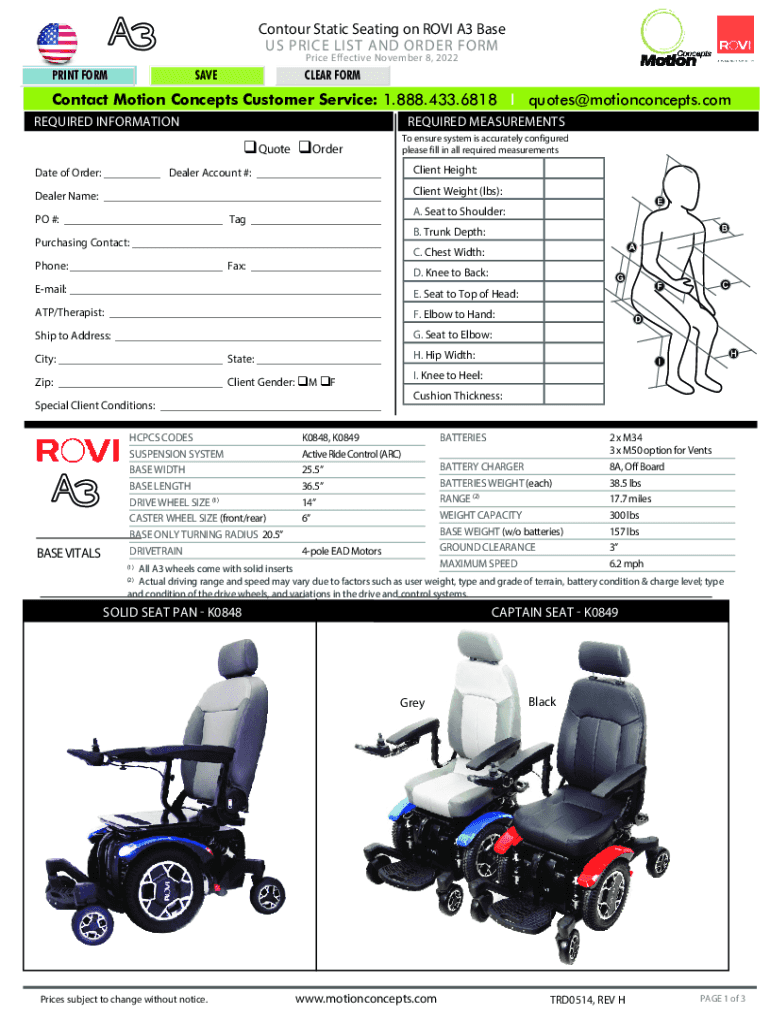 Fillable Online Contour Static Seating on ROVI A3 Base - Invacare Rehab ...
