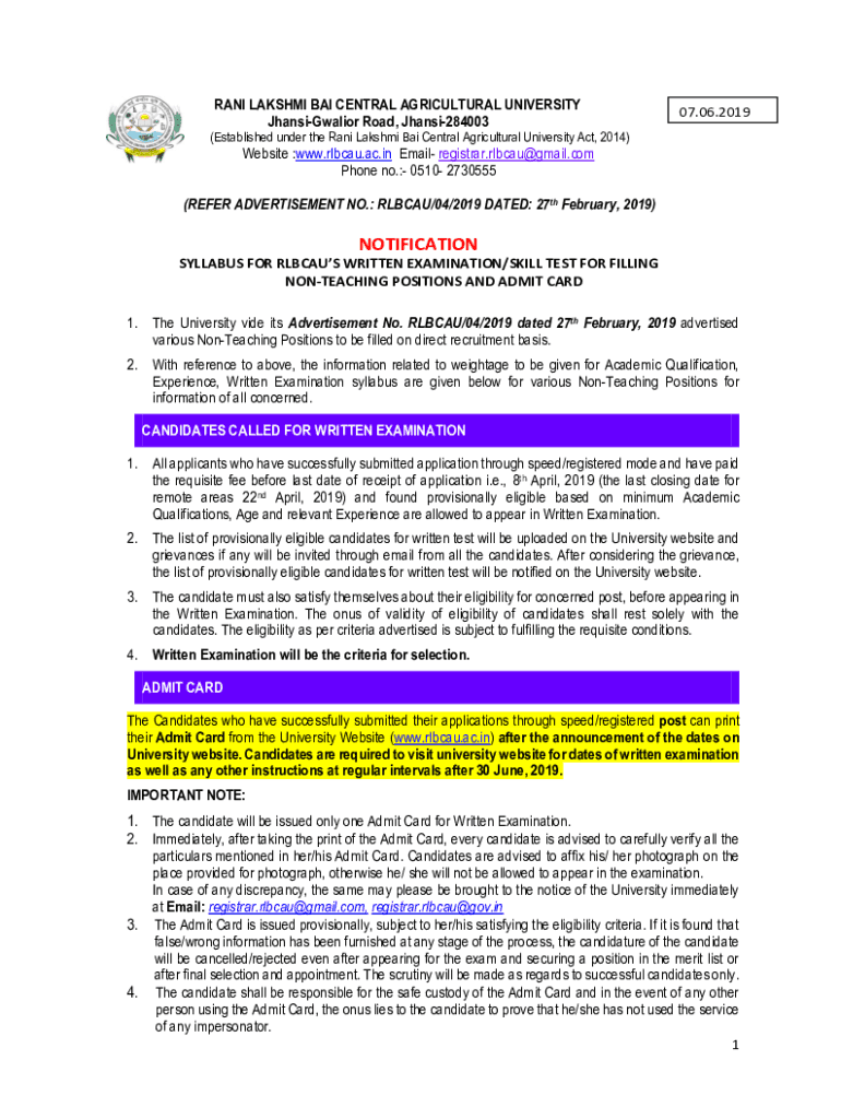 Fillable Online (Established under the Rani Lakshmi Bai Central Agricultural University Act ...