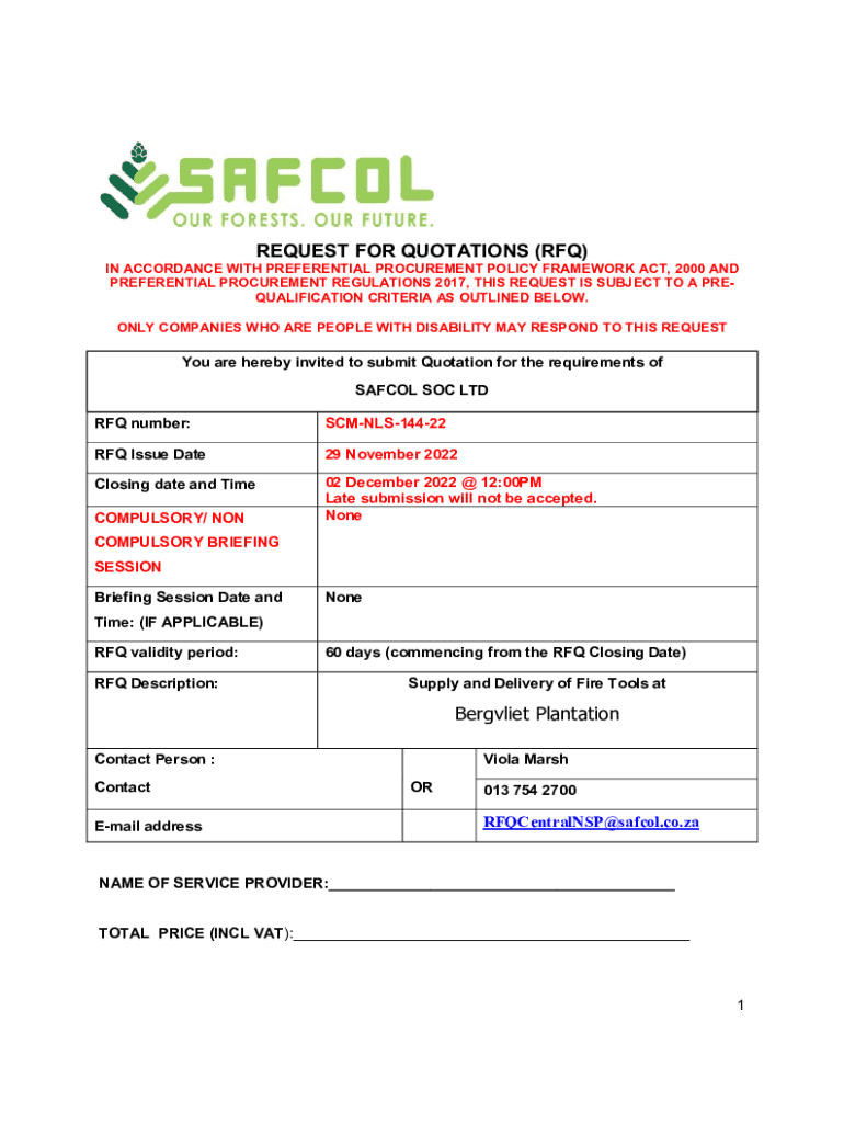 Fillable Online REQUEST FOR QUOTATIONS (RFQ) Bergvliet Plantation ...