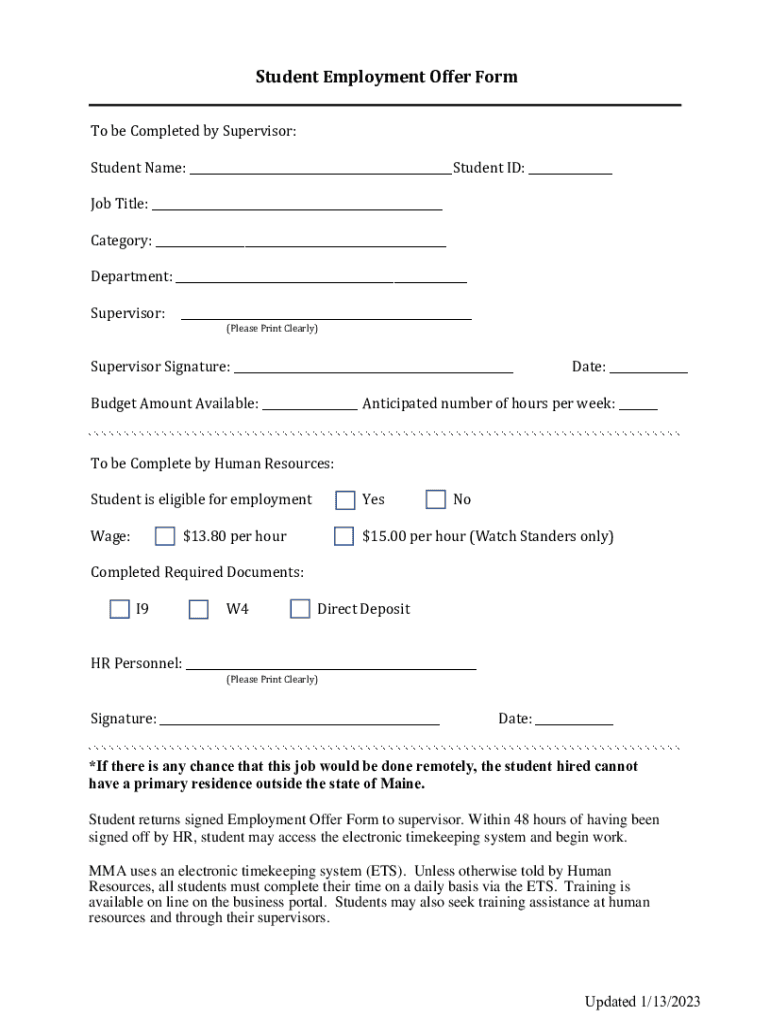 Fillable Online Student Employment Offer Form - Maine Maritime Academy ...