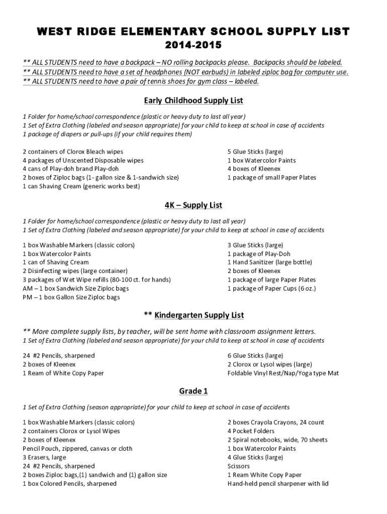 Fillable Online Supply Lists by Grade Level - West Ridge Elementary ...