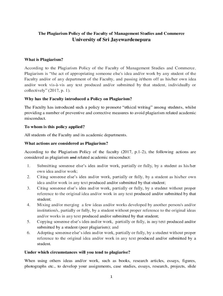 Fillable Online Plagiarism Policy - Department of Human Resource ...