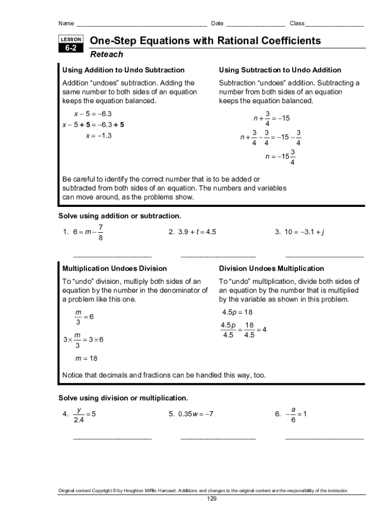 Fillable Online How to Solve One-Step Equations (Addition and Subtraction) Fax Email Print ...