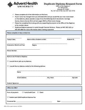 Fillable Online Duplicate Diploma Request Form - MY ADU Fax Email Print - pdfFiller