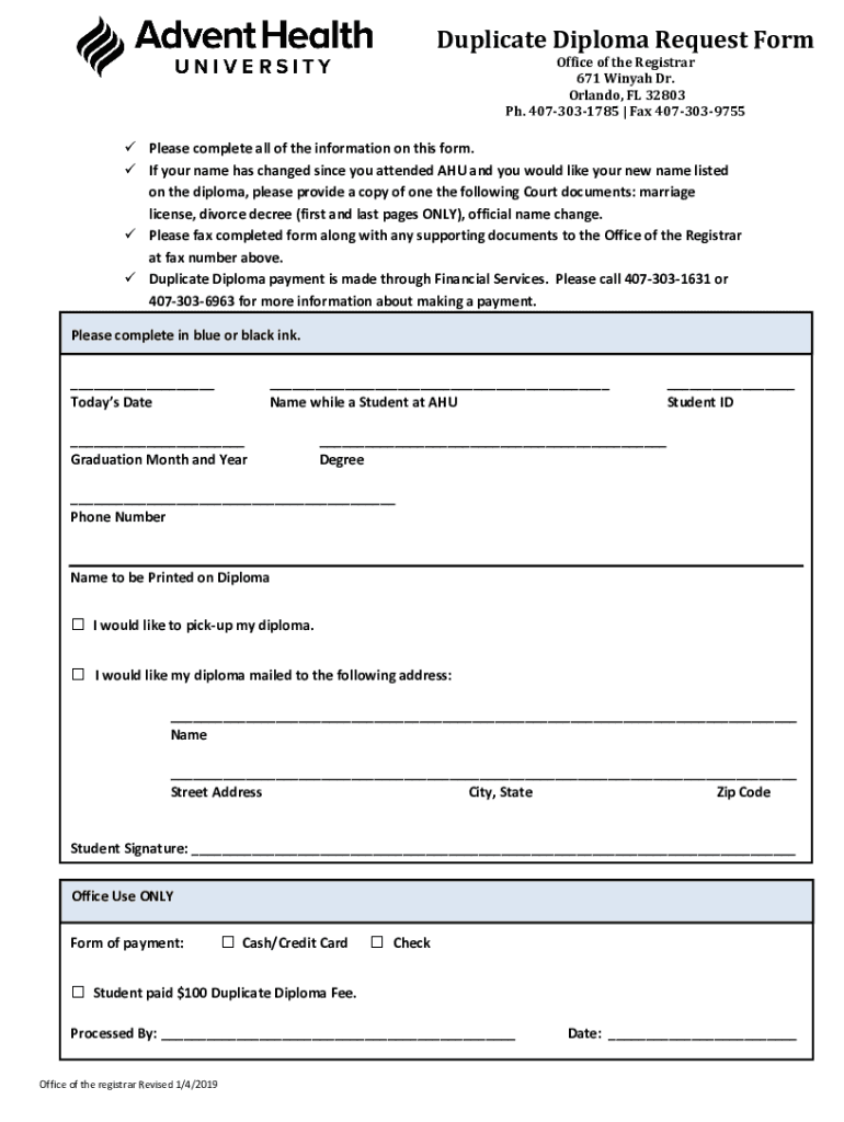Fillable Online Duplicate Diploma Request Form - MY ADU Fax Email Print ...