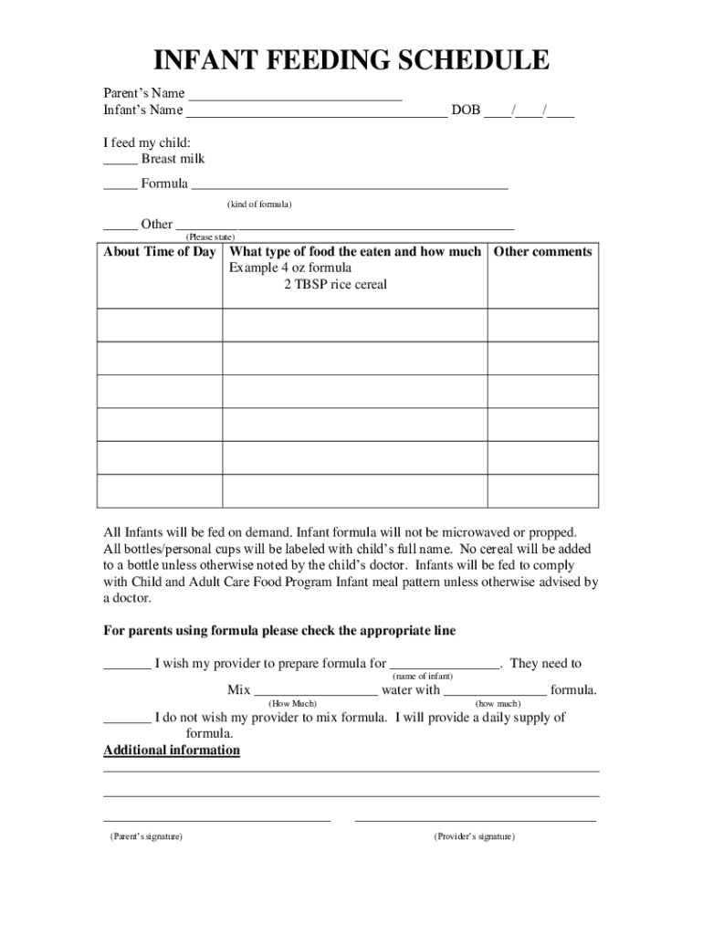 Fillable Online Infant Feeding and Sleeping Information Sheet Child's ...