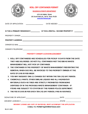 Fillable Online Dumpster Roll-off Container Permit Application and ...