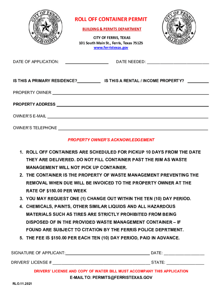 Fillable Online Dumpster Roll-off Container Permit Application and ...