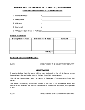 Fillable Online Form for reimbursement of claim of Briefcase ...