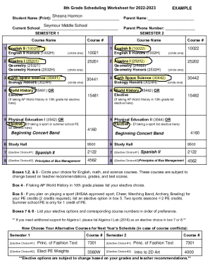 Fillable Online 8th Grade Schedule Worksheet EXAMPLE Class of 2026 Fax ...