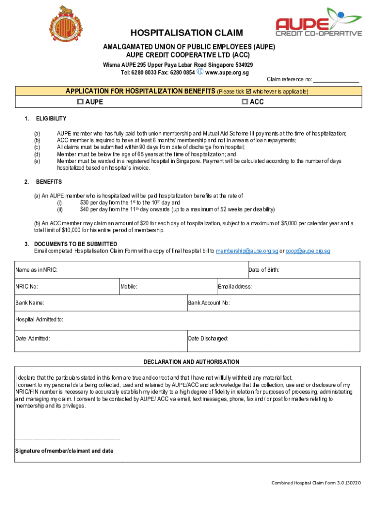 Fillable Online Hospitalisation Claim Form - AUPE Fax Email Print ...