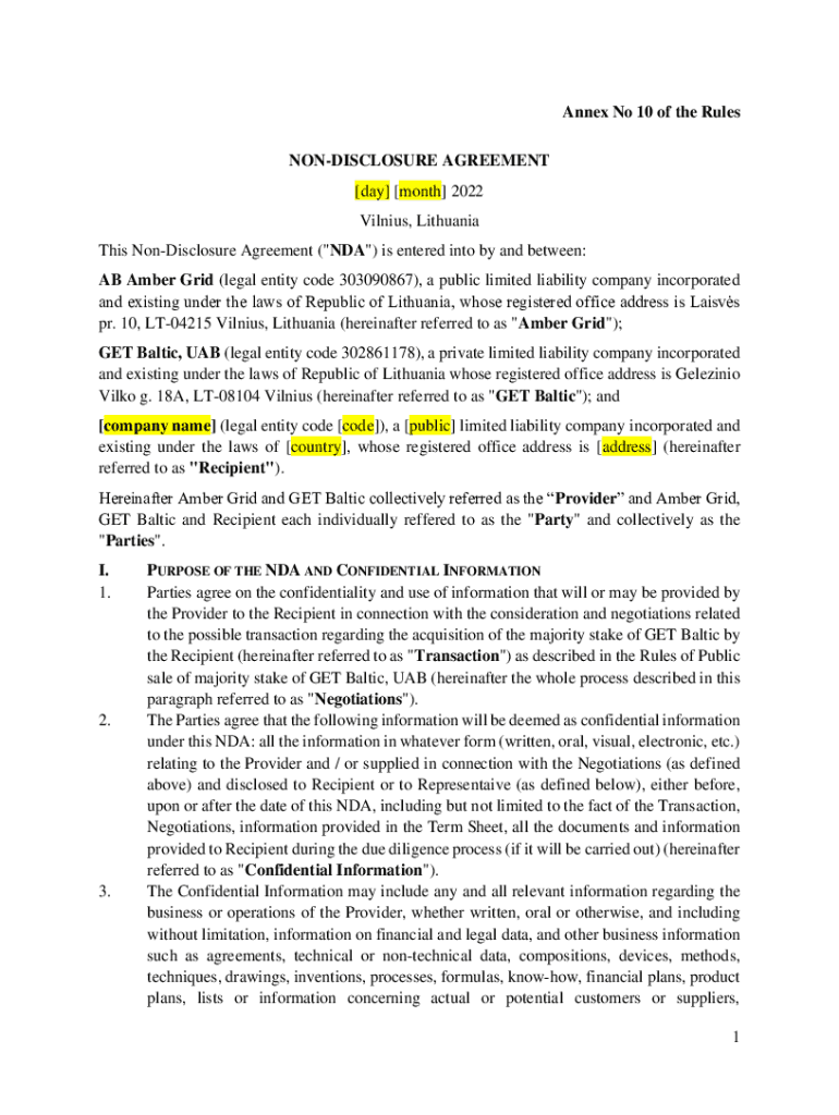 Fillable Online 1 Annex No 10 of the Rules NON-DISCLOSURE ... - Amber Grid Fax Email Print ...