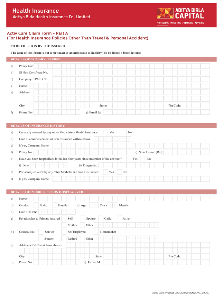 Fillable Online Aditya Birla Claim Form - Fill Online, Printable, Fillable, Blank Fax Email ...