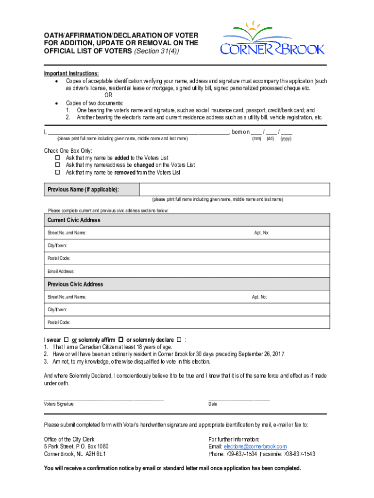 Fillable Online oath/affirmation/declaration of voter for addition ...