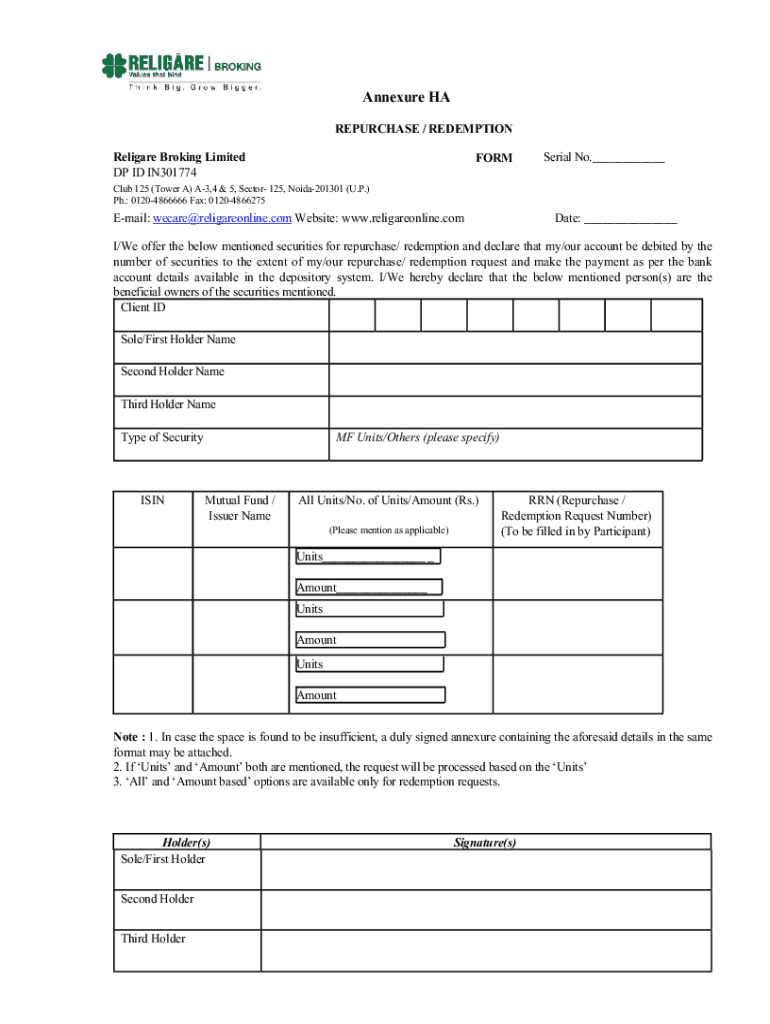 Fillable Online annexure-ha(repurchase-redemption form) - Just Trade ...